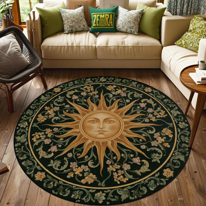 Celestial Sun Round Rug, Vintage Green Whimsigoth Mat, Dark Cottagecore ...