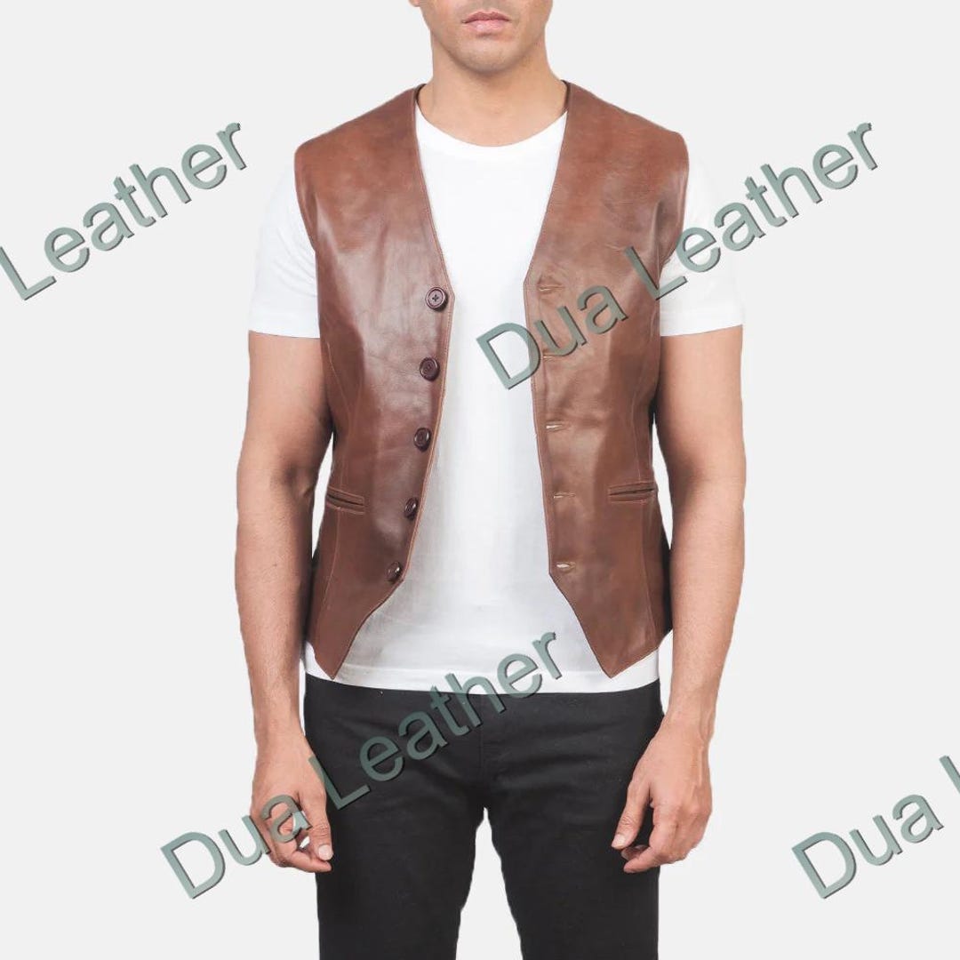 Men’s Brown Leather Vest – 100% Lamb, Handcrafted Soft Sheepskin Cowboy ...