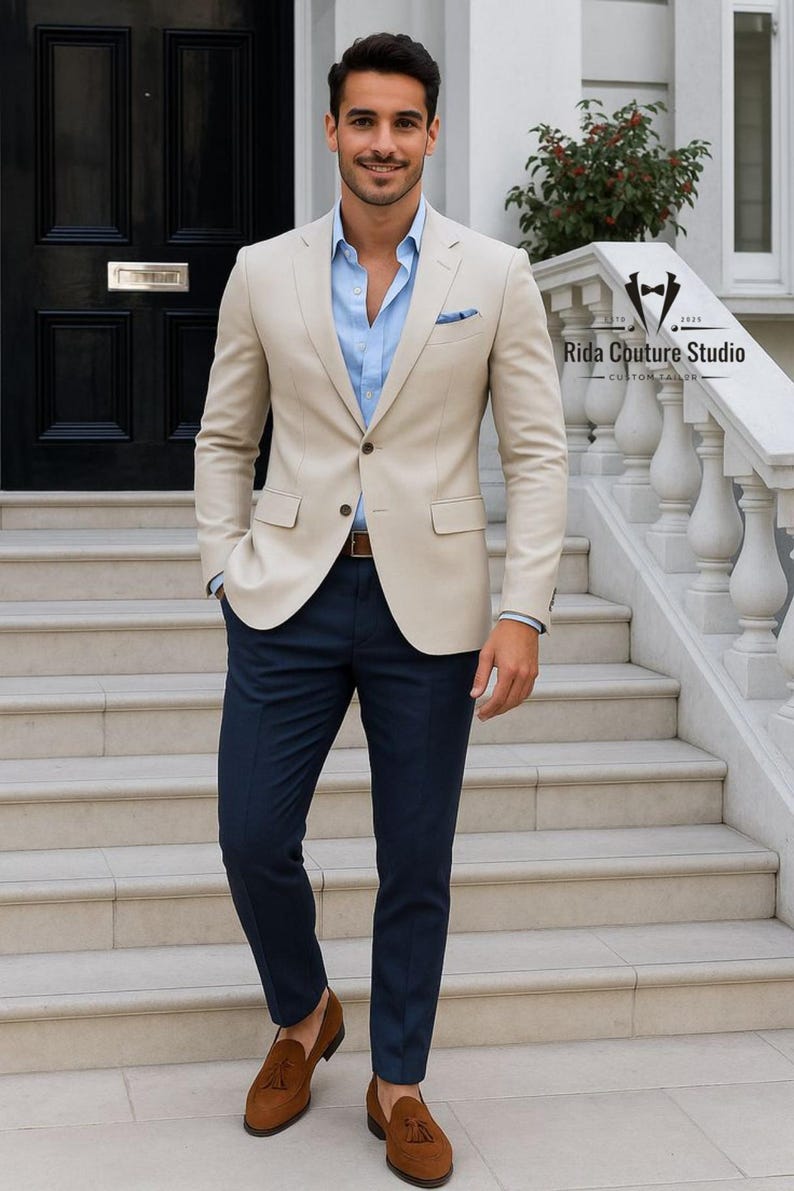 Beige Blazer & Navy Pant Set: Custom Tailored Semi-formal Suit - Etsy UK
