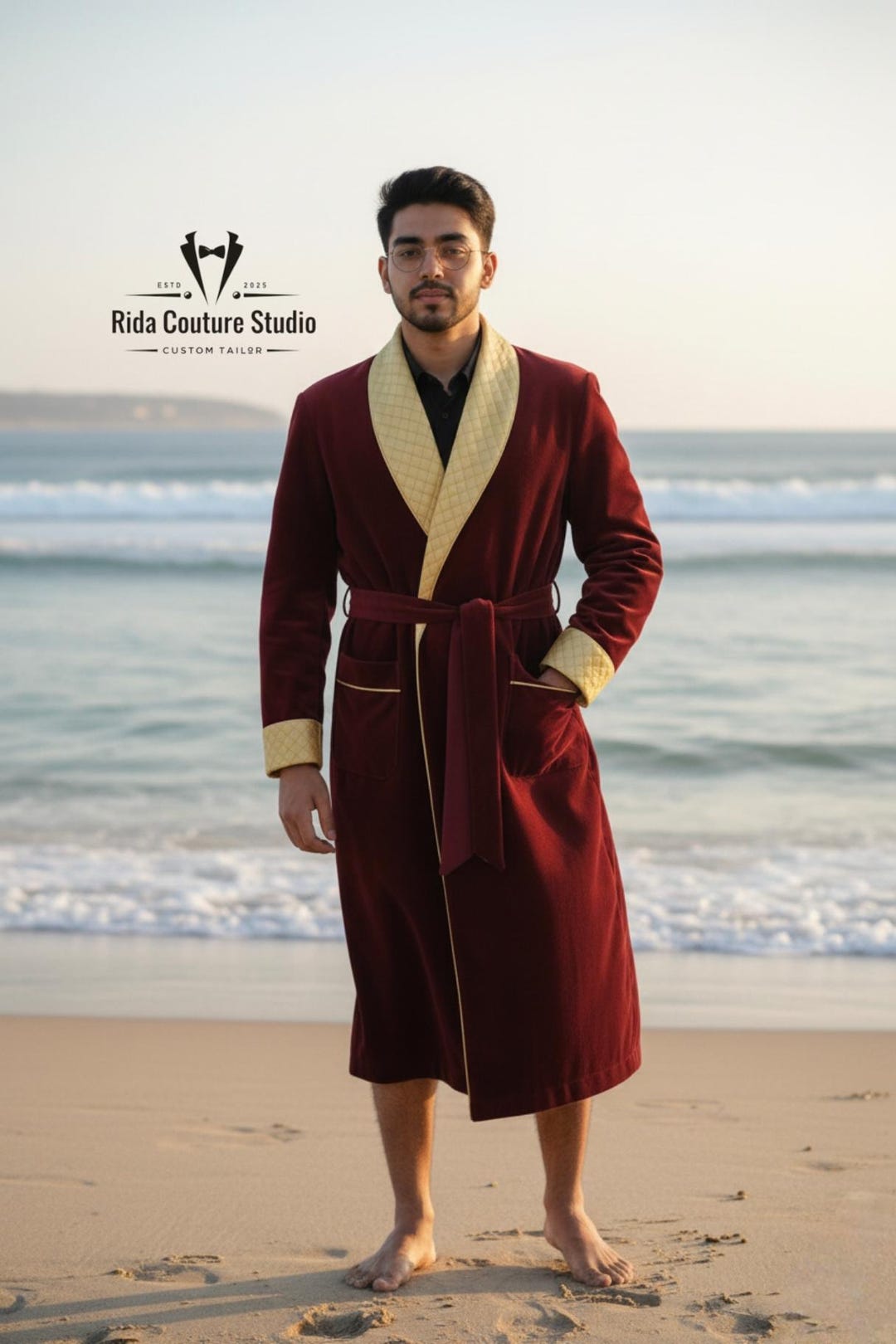 Maroon Velvet Men's Robe: Quilted Golden Lapel, Luxury Loungewear - Etsy