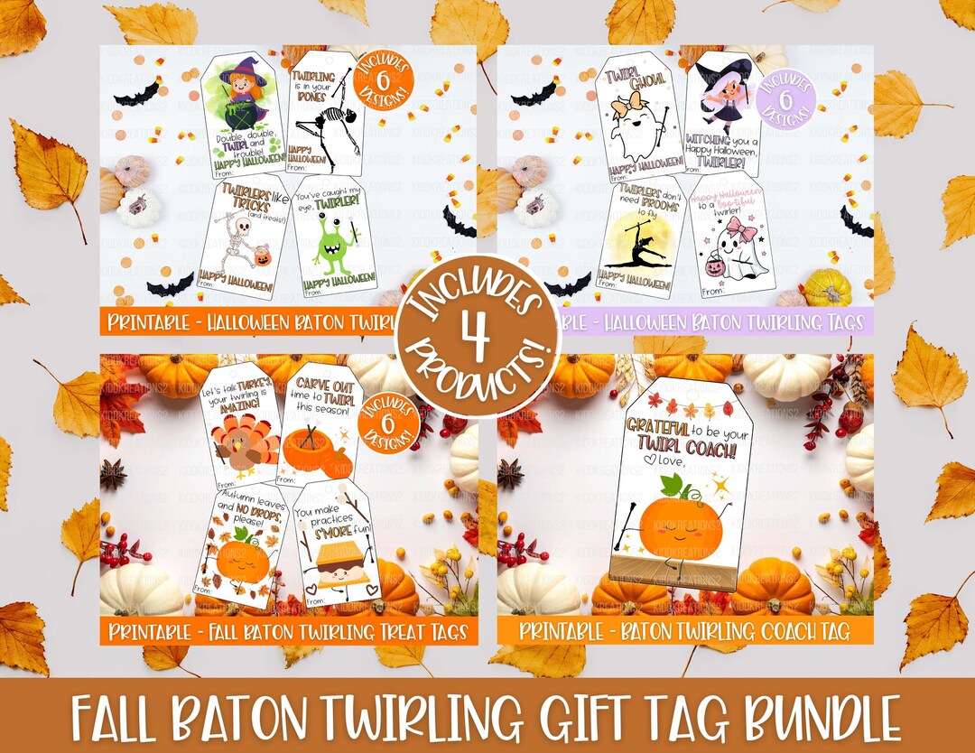 Fall Baton Twirling Gift Tags Bundle -printable, Halloween Twirler Tags ...