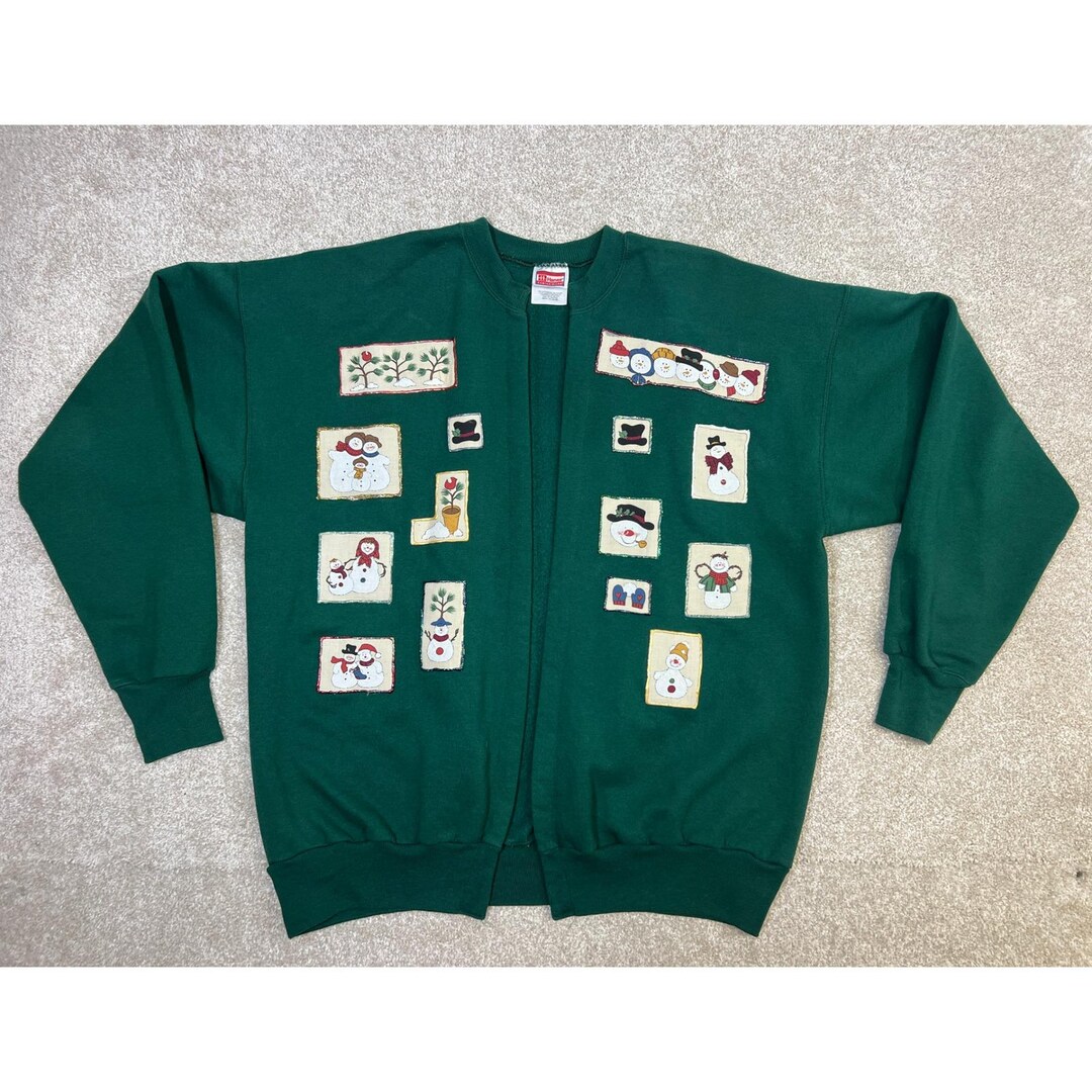 Vtg 90s Hanes Handmade Green Snowman Patchwork Adult XL Ugly Christmas ...