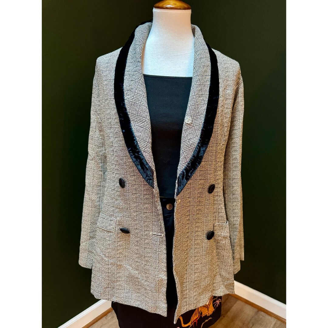 Vintage Dawn Joy Plaid Velvet Trim Double Breasted Blazer Women's Size ...