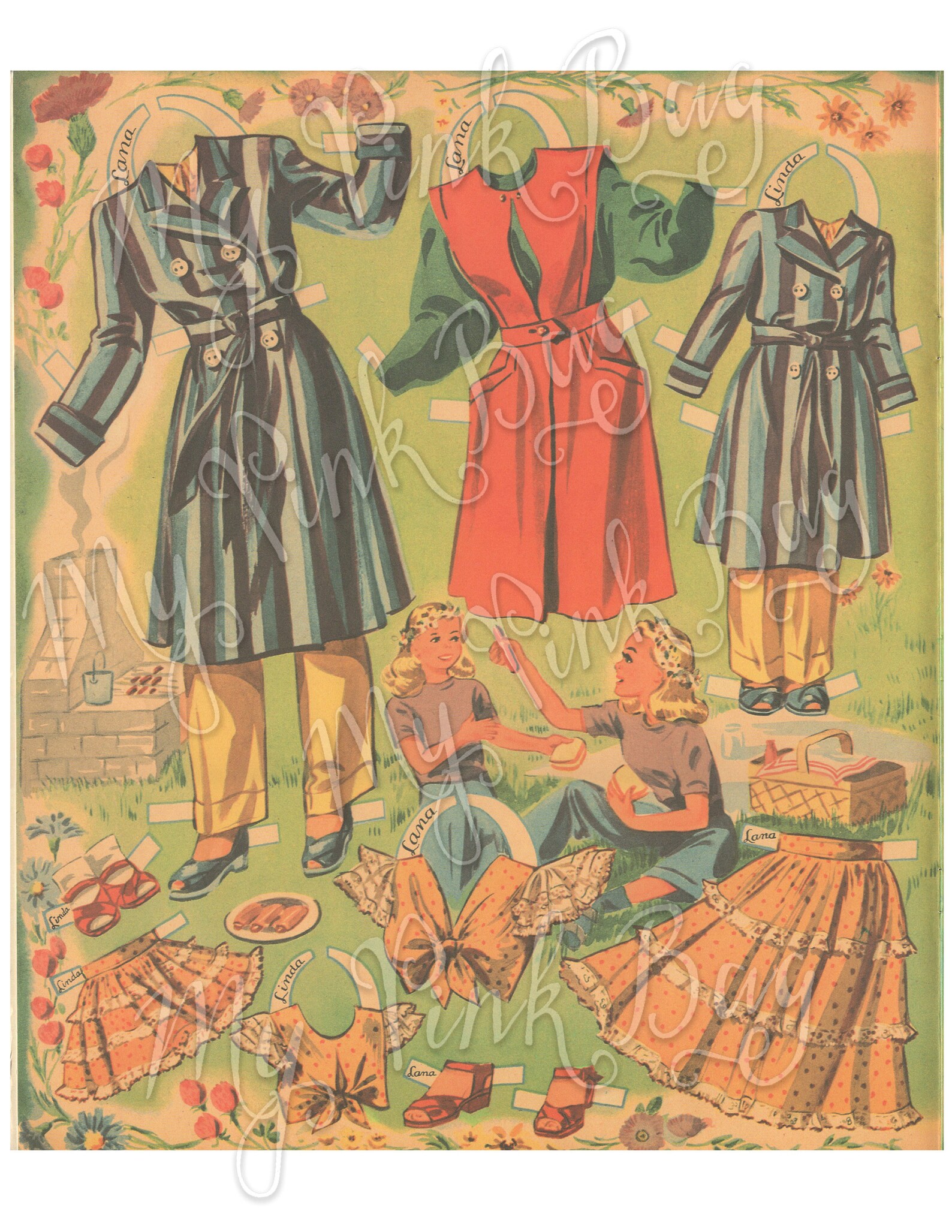 VINTAGE PAPER DOLLS Clipart, Dress Alike Sisters Ephemera, Journaling ...