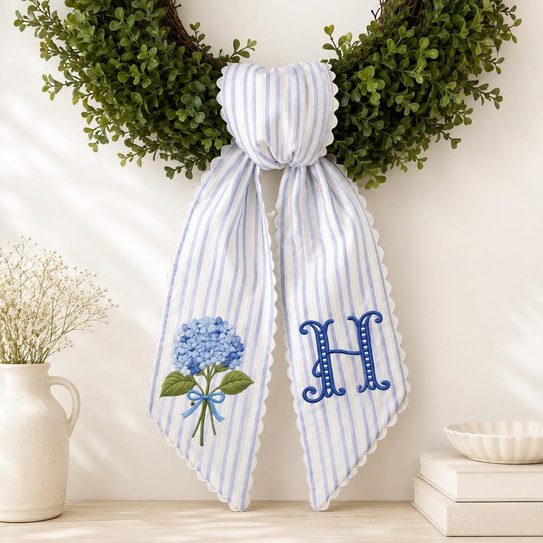 Personalized Hydrangea Wreath Sash, Monogram Front Door Bow ...