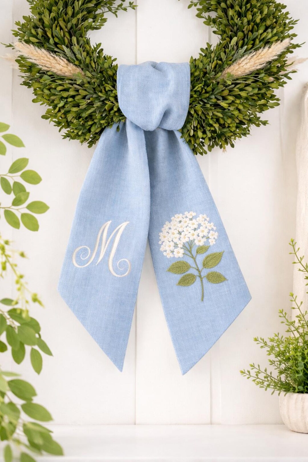 Personalized Hydrangea Wreath Sash, Embroidered Monogram Door Sash ...