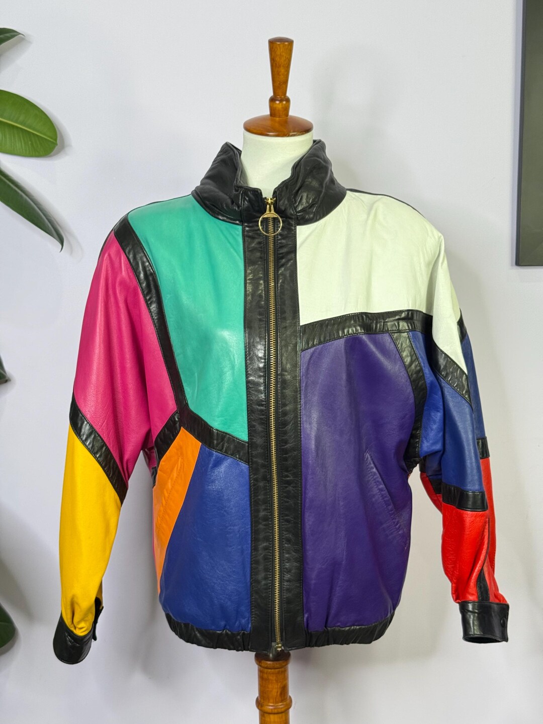 Vintage 80's Rainbow Colorblock 100% Leather Jacket - Etsy UK