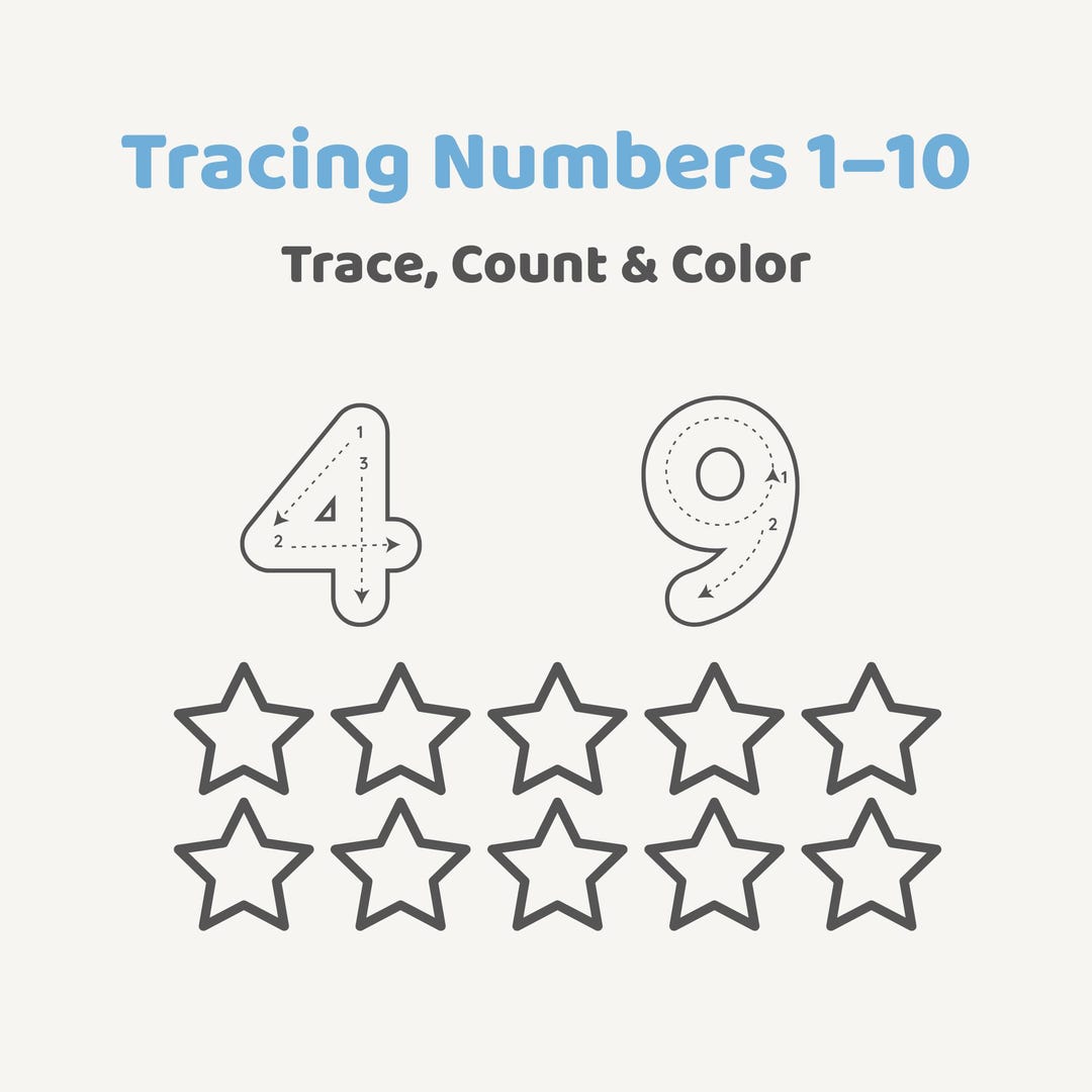 Tracing Numbers 1–10 | Trace, Count & Color | Preschool Worksheets ...