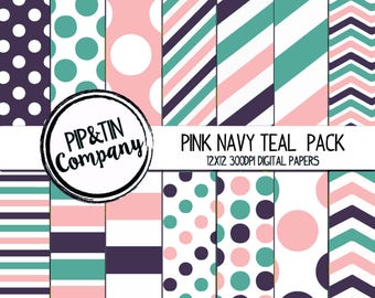 Pink, Navy Blue and Silver Gray Printable Digital Paper Pack With Stars ...