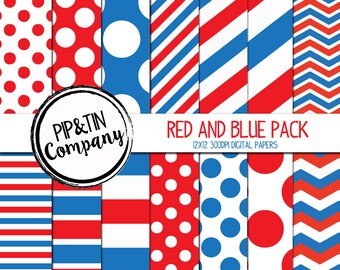 Blue and Red Digital Paper, Stripes, Chevron, Polka Dots, Commercial ...