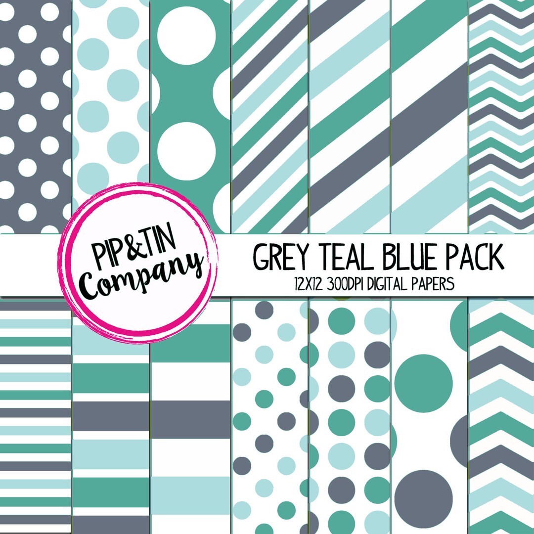 Grey, Teal and Blue Digital Paper Pack, Scrapbook Paper, Blue, Green ...