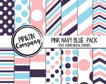 Pink, Navy Blue and Silver Gray Printable Digital Paper Pack With Stars ...