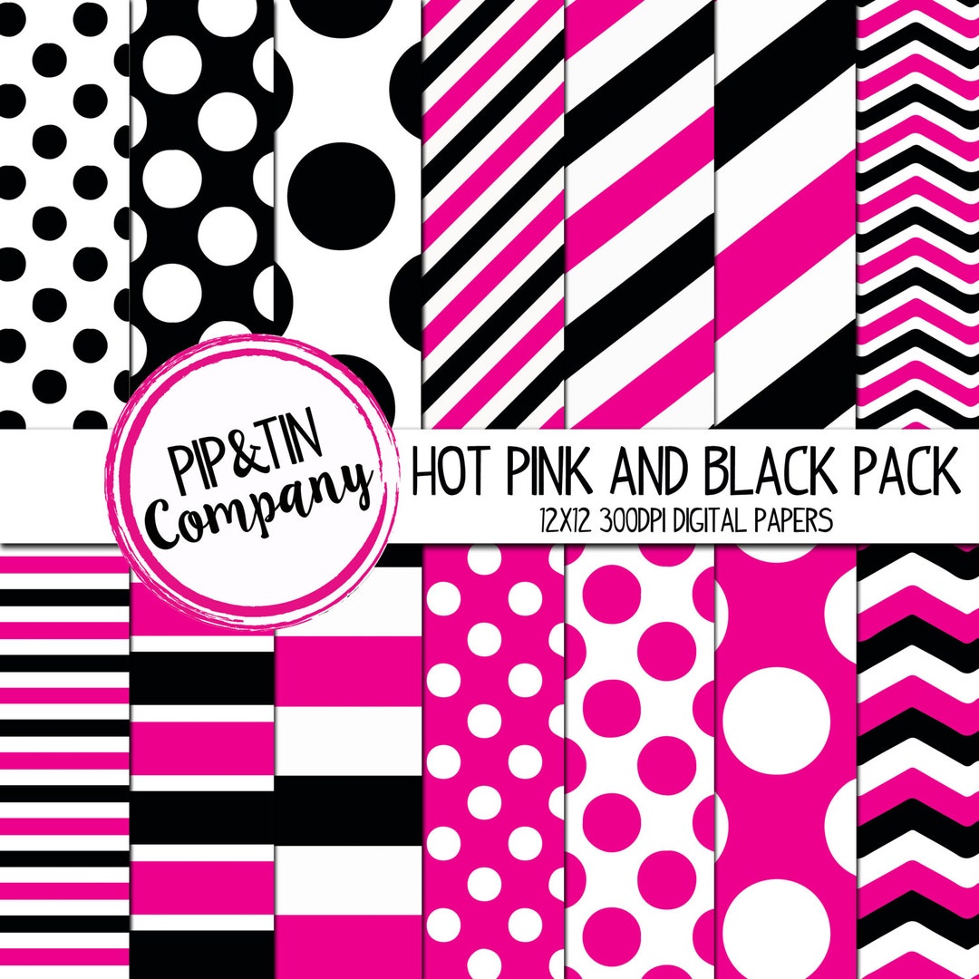 Hot Pink and Black Digital Paper Pack, Scrapbook Paper, Instant ...