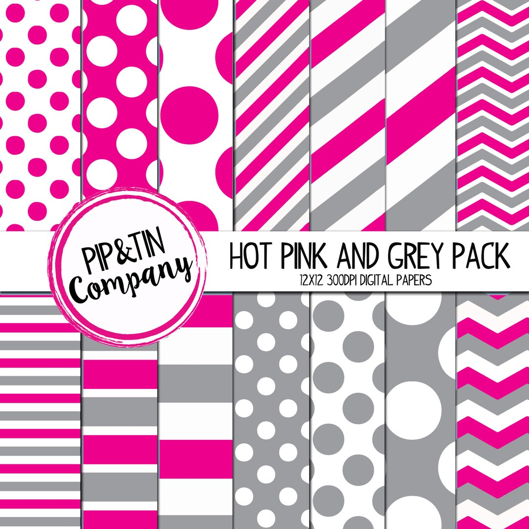 Hot Pink and Grey Digital Paper Pack, Scrapbook Paper, Instant Download ...