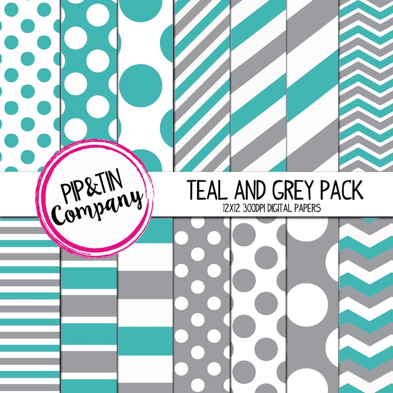 Teal and Grey Digital Paper Pack, Scrapbook Paper, Instant Download ...