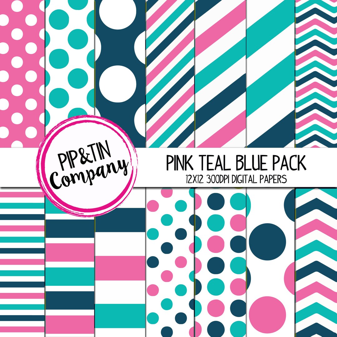 Pink, Teal and Blue Digital Paper Pack, Scrapbook Paper, Pink, Blue ...