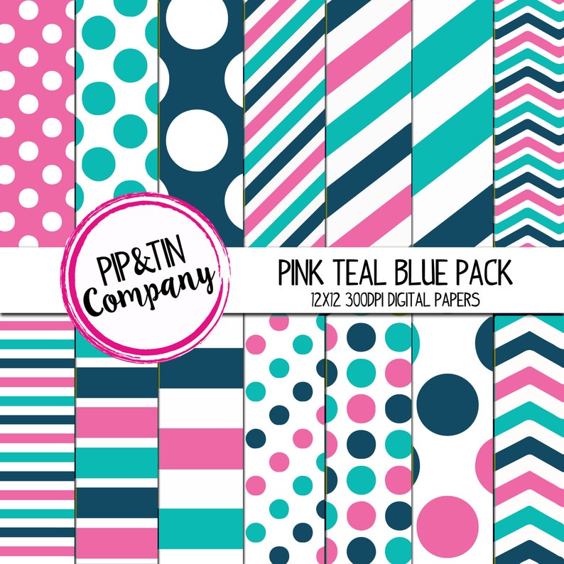 Pink, Teal and Blue Digital Paper Pack, Scrapbook Paper, Pink, Blue ...