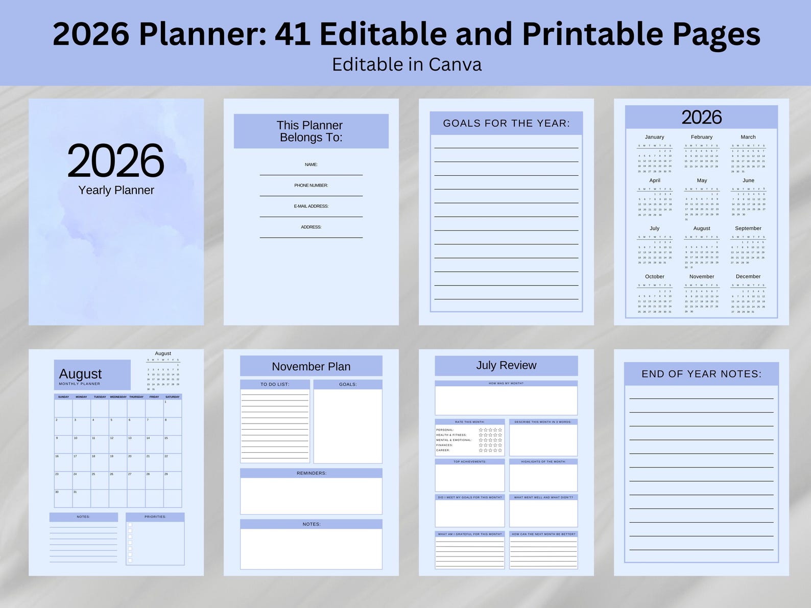 2026 Planner Page Bundle, Productivity Planner Template Editable in ...
