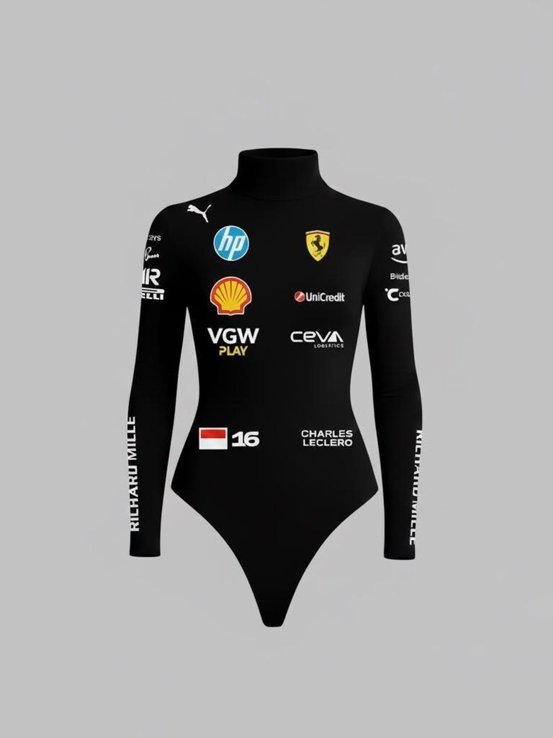 Ferrari F1 Women’s Black Racing Bodysuit Inspired by Hamilton & Leclerc ...