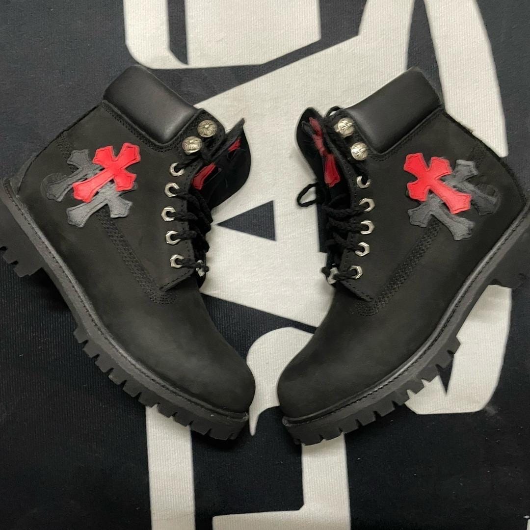 Black Timberland With Red and Black Crosses Custom, Handmade - Etsy