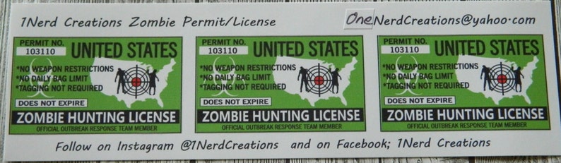 Zombie Hunting License Permit Car Decal Sticker Walker Hunter - Etsy