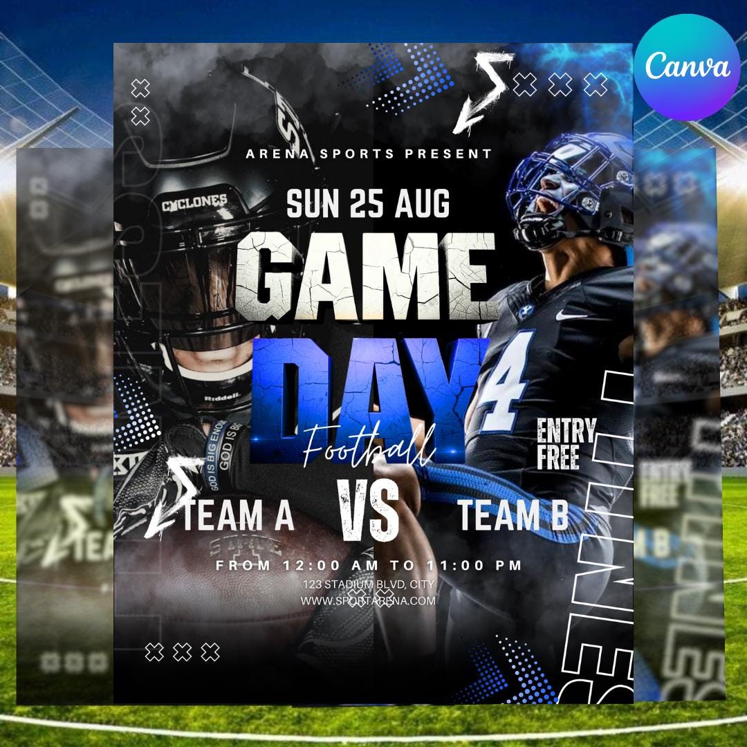 Editable Game Day Football Flyer Template: Sports Party Invitation ...