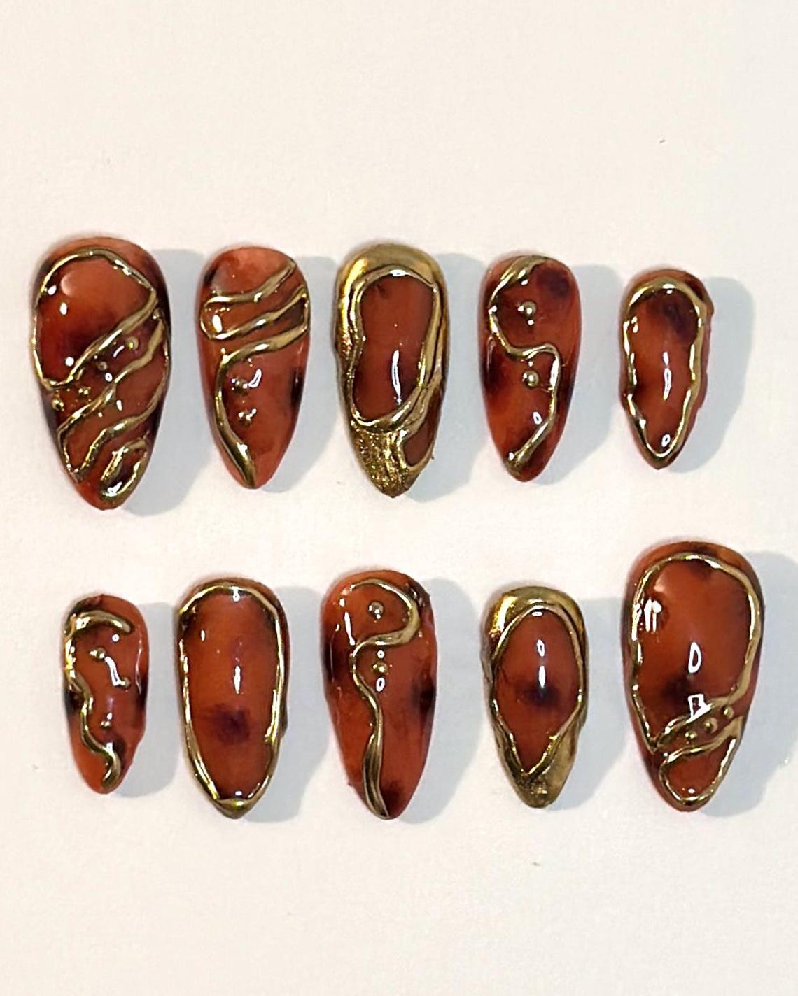 Golden Tortoise Shell Press on Nails – Hand-painted 3D Gold Chrome ...