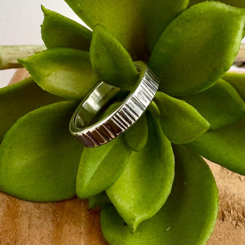 Birch Tree Bark Ring: 4mm Wide Sterling Silver Ring Given a Rustic Line ...