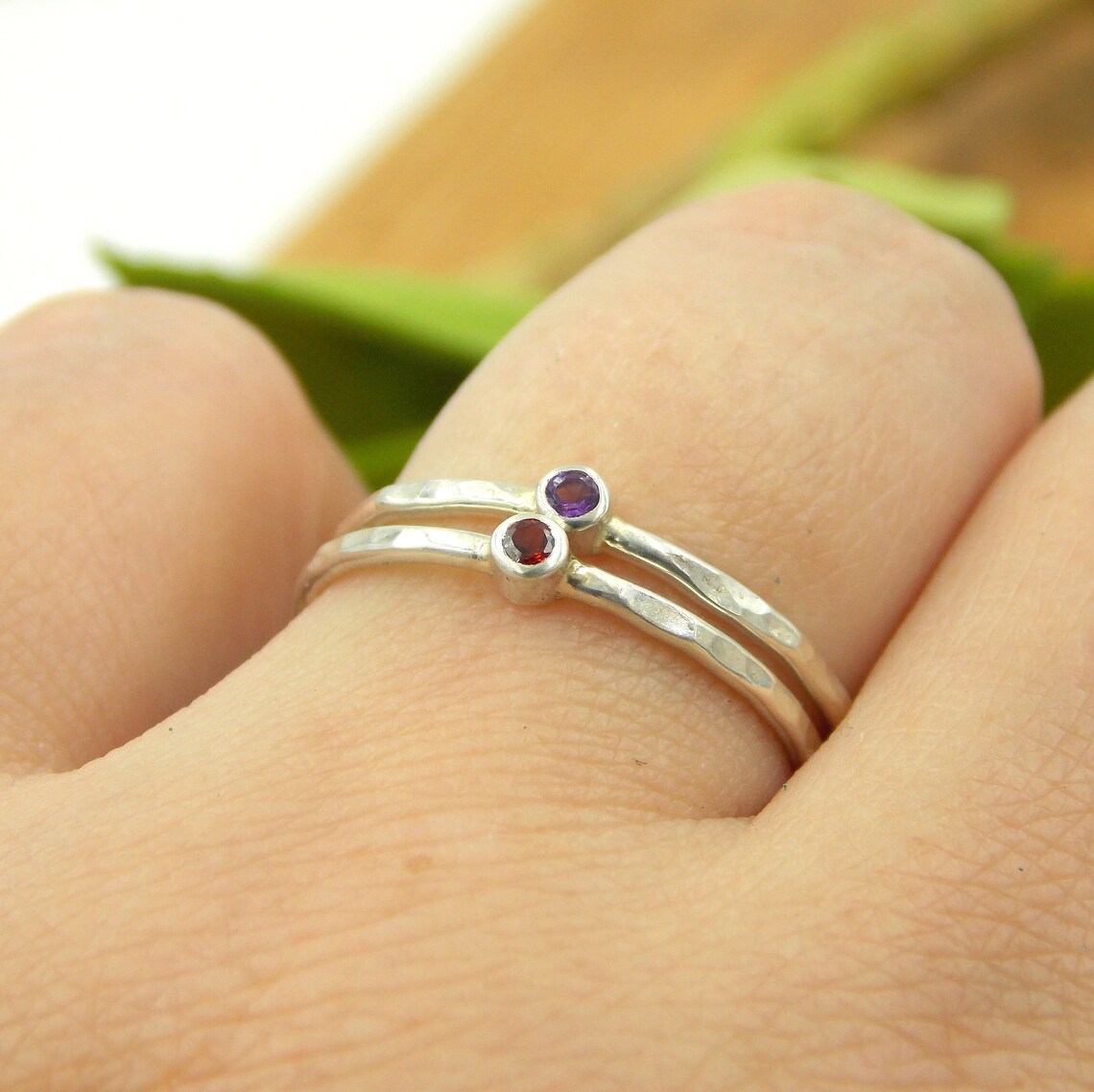 Tiny Hammered Garnet Stacking Ring Made From Sterling Silver | Etsy