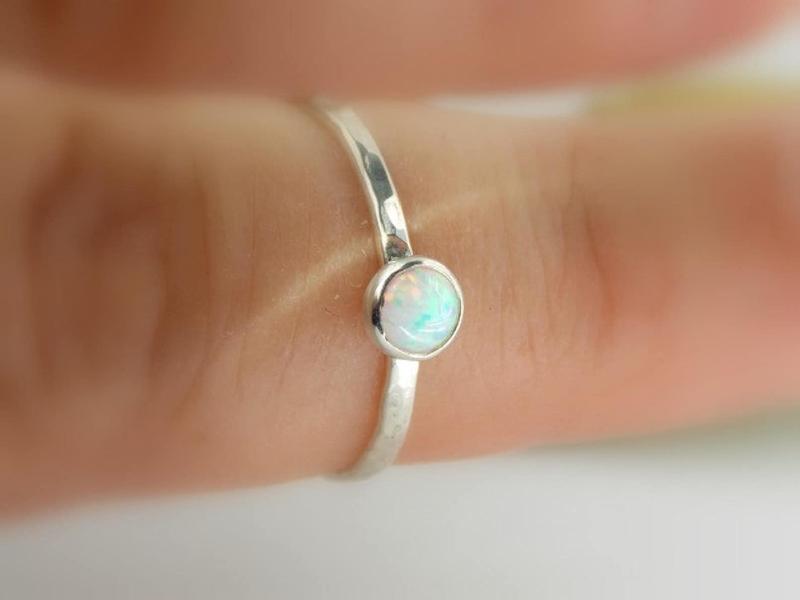 Opal Hammered Band Cab Ring: Stackable Birthstone Ring | Etsy