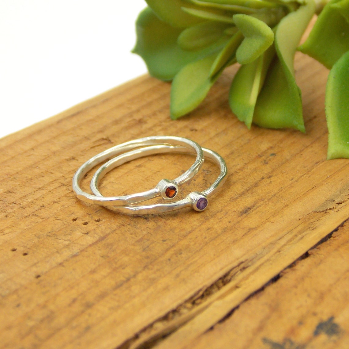 Tiny Hammered Garnet Stacking Ring Made From Sterling Silver | Etsy