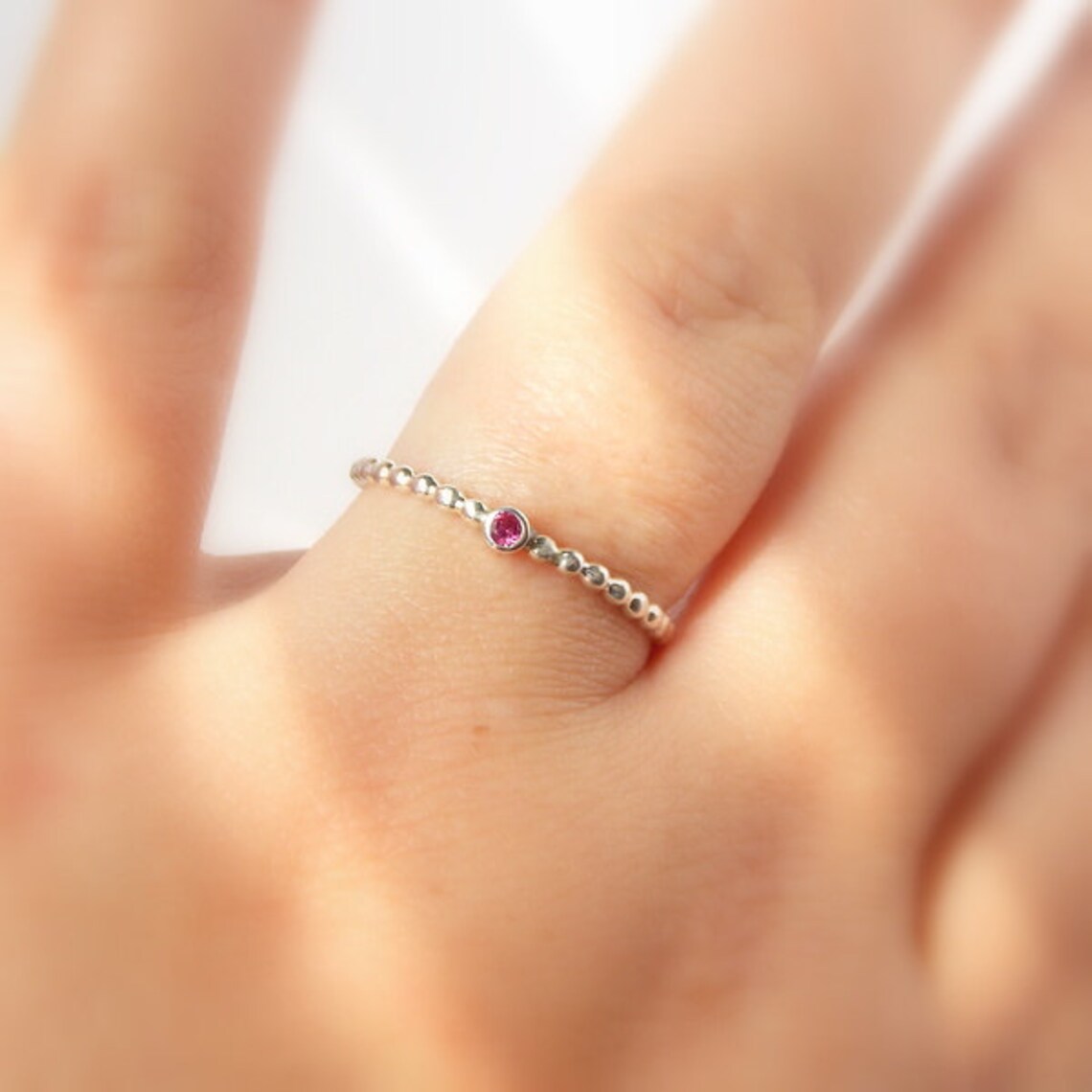 Tiny Beaded Birthstone Stacking Ring: Dainty Sterling Silver | Etsy