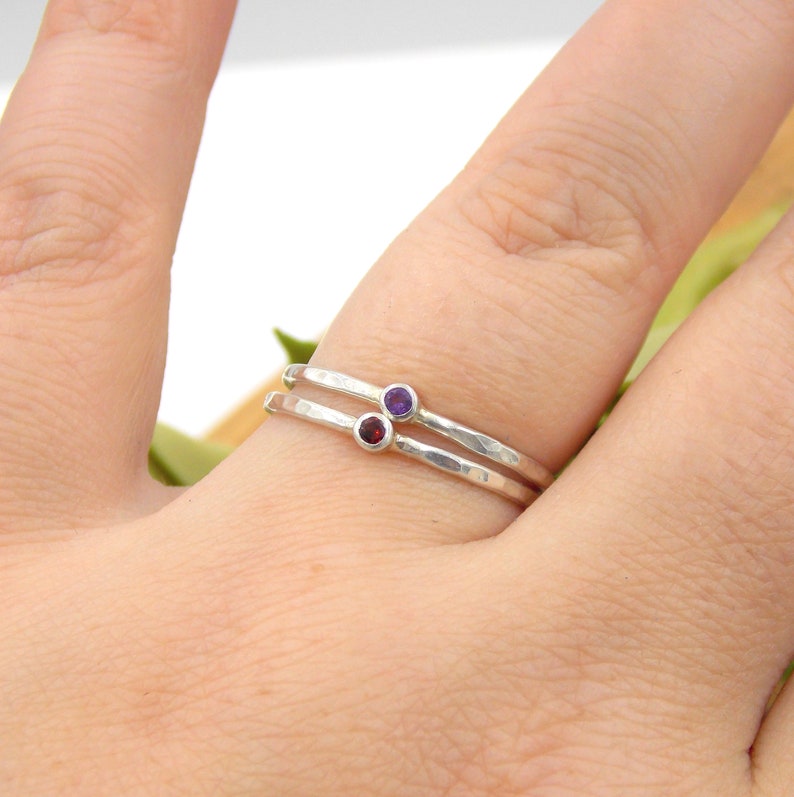 Tiny Hammered Garnet Stacking Ring Made From Sterling Silver | Etsy