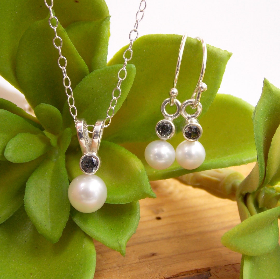 White Freshwater Pearl Birthstone Necklace and Earring Set: Sterling ...