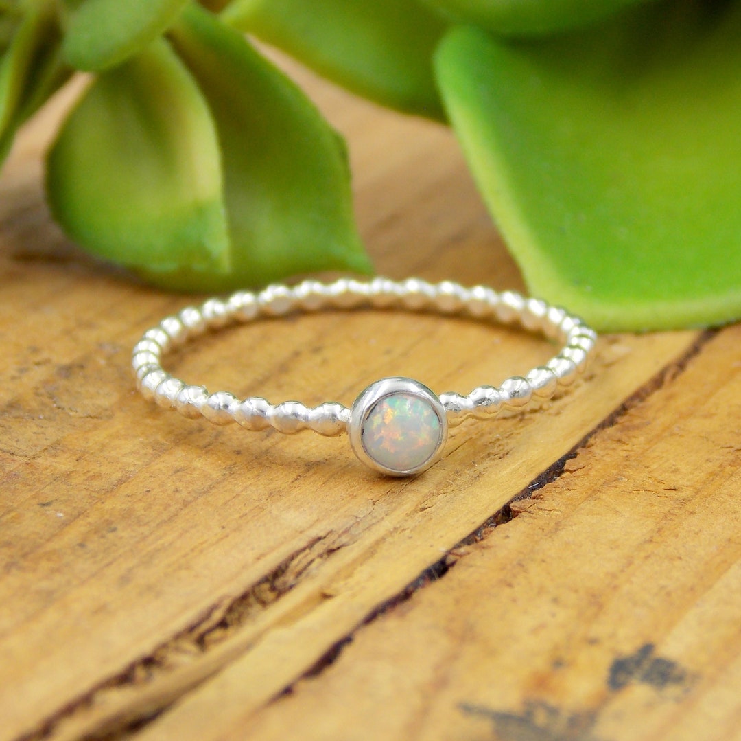 Opal Stacking Ring With Beaded Band: Opal Ring, Stackable Birthstone ...