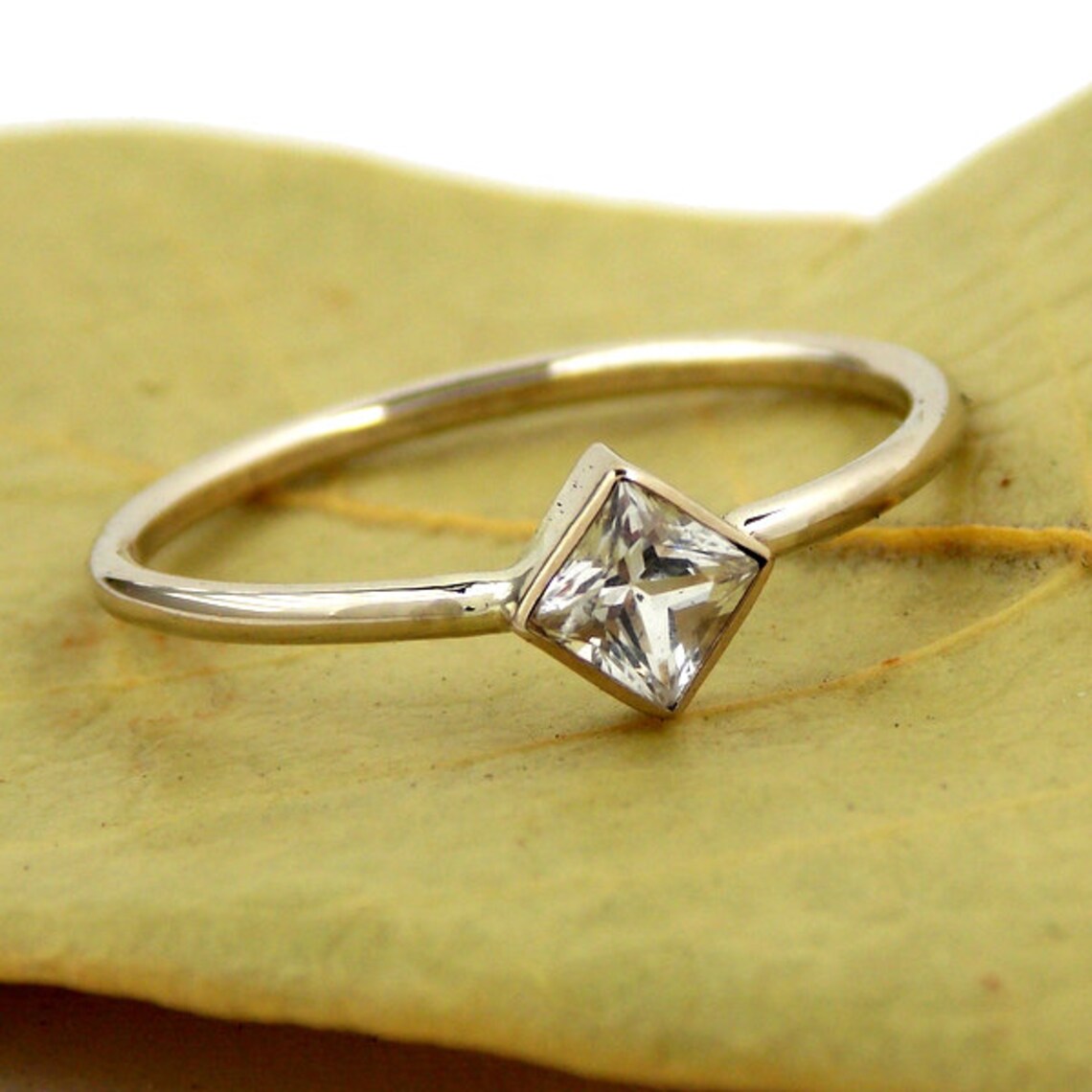 Turned Princess Cut Engagement Ring: 14K Solid Gold, White Sapphire ...