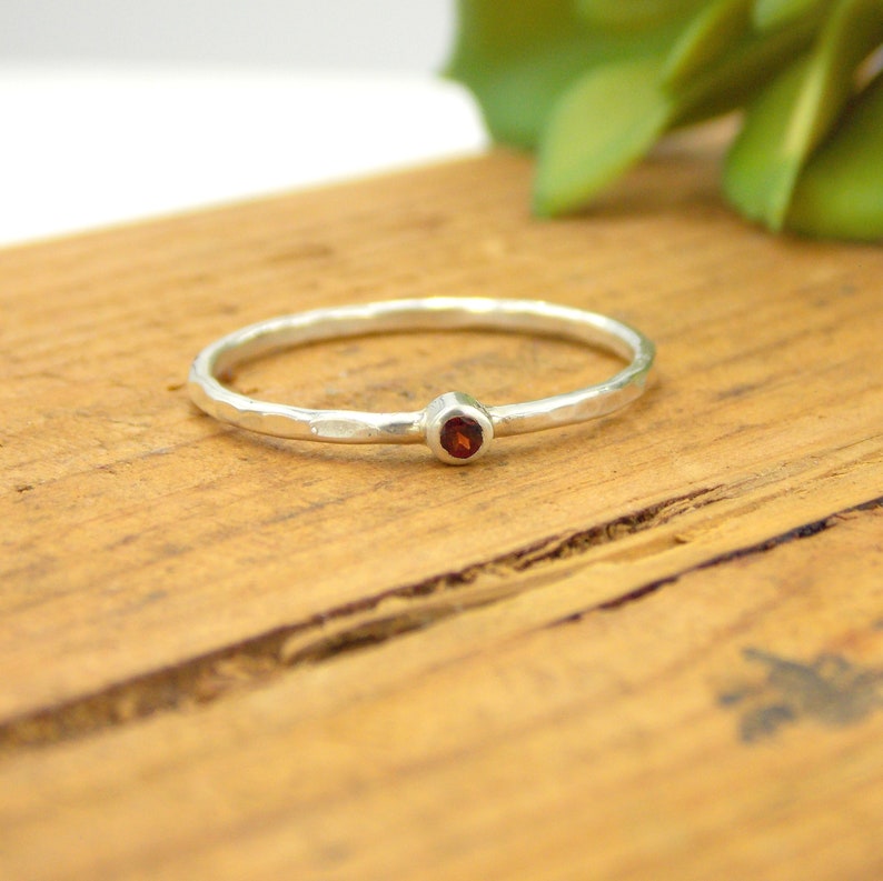 Tiny Hammered Garnet Stacking Ring Made From Sterling Silver | Etsy