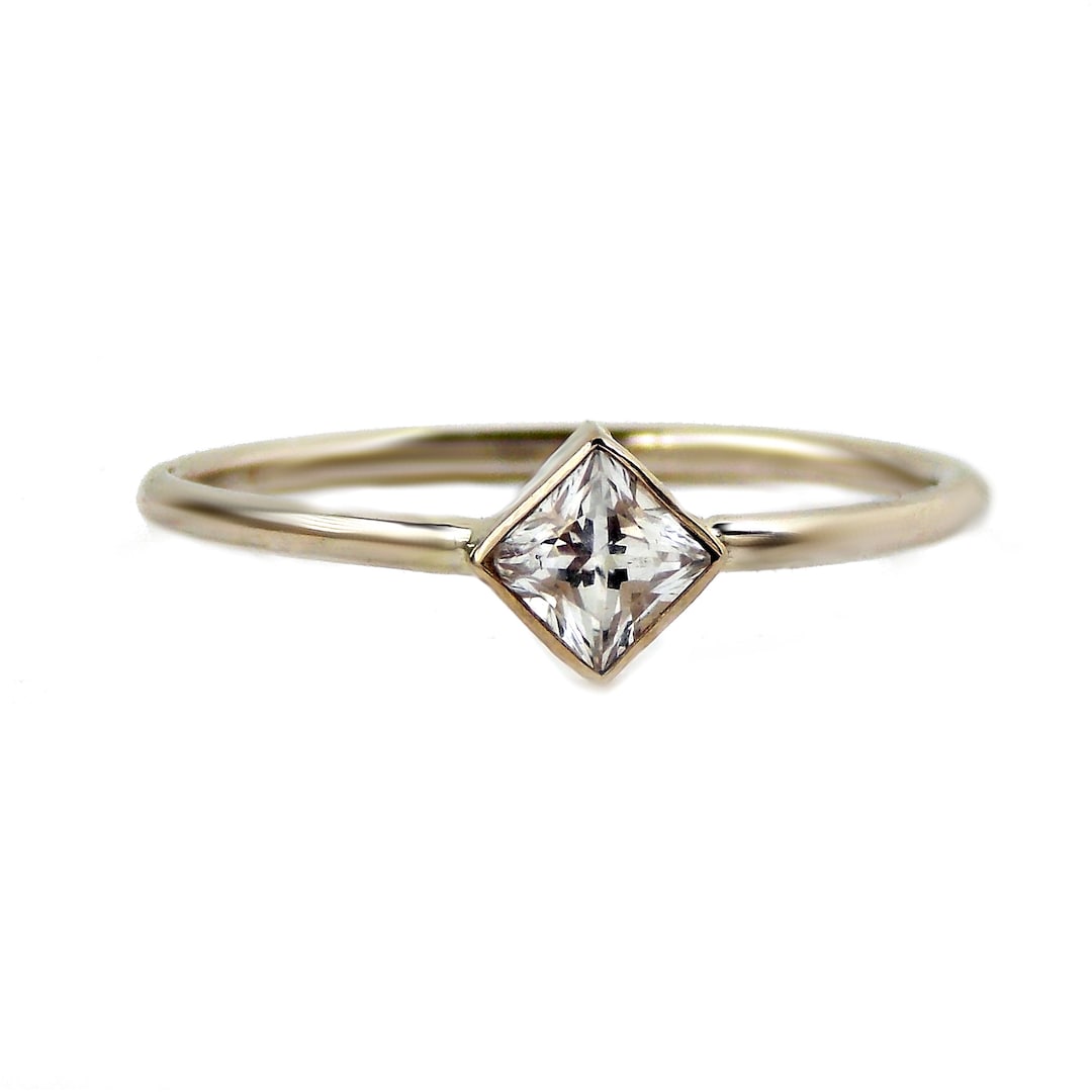 Turned Princess Cut Engagement Ring: 14K Solid Gold, White Sapphire ...