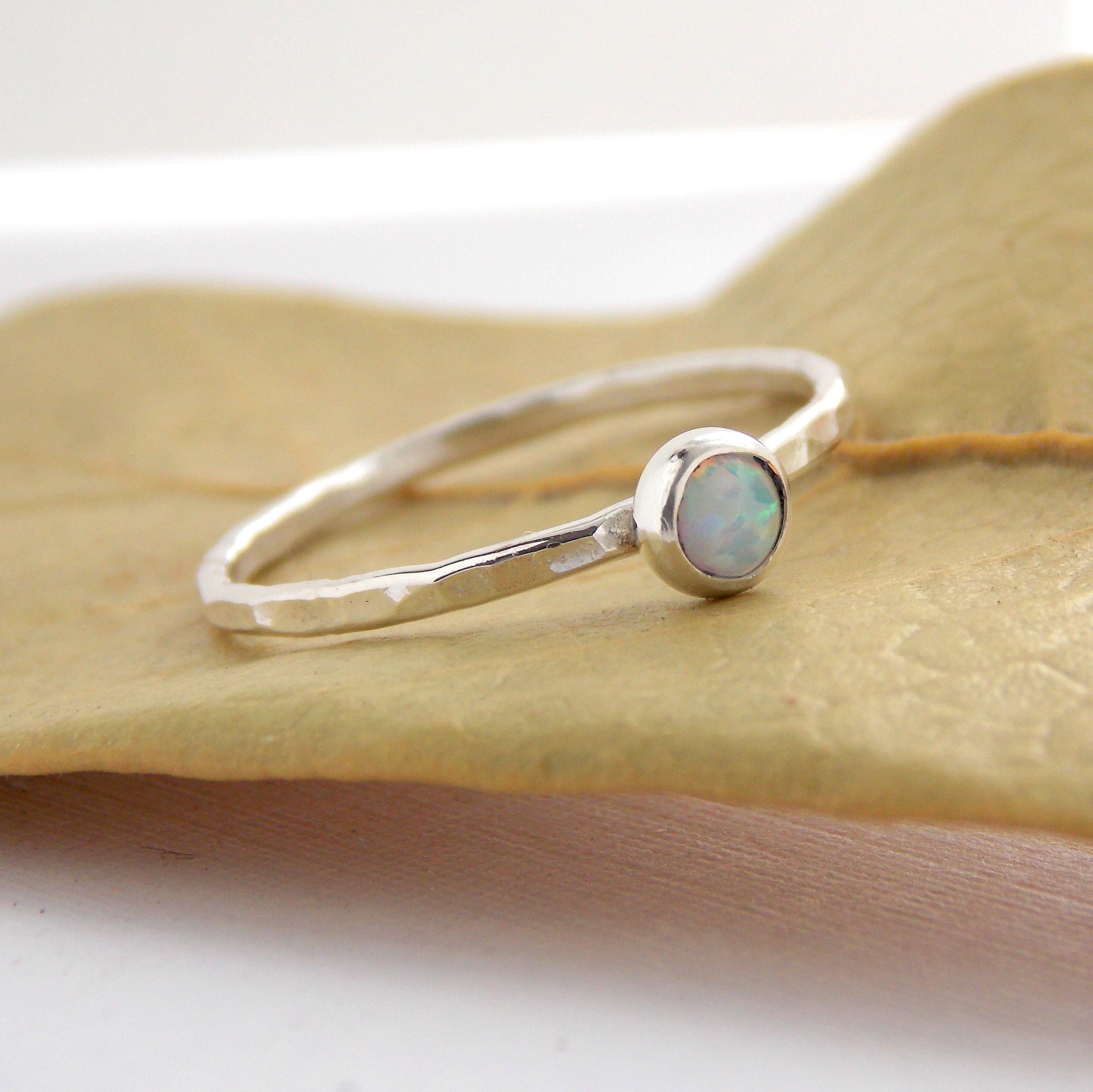 Opal Hammered Band Cab Ring: Stackable Birthstone Ring | Etsy