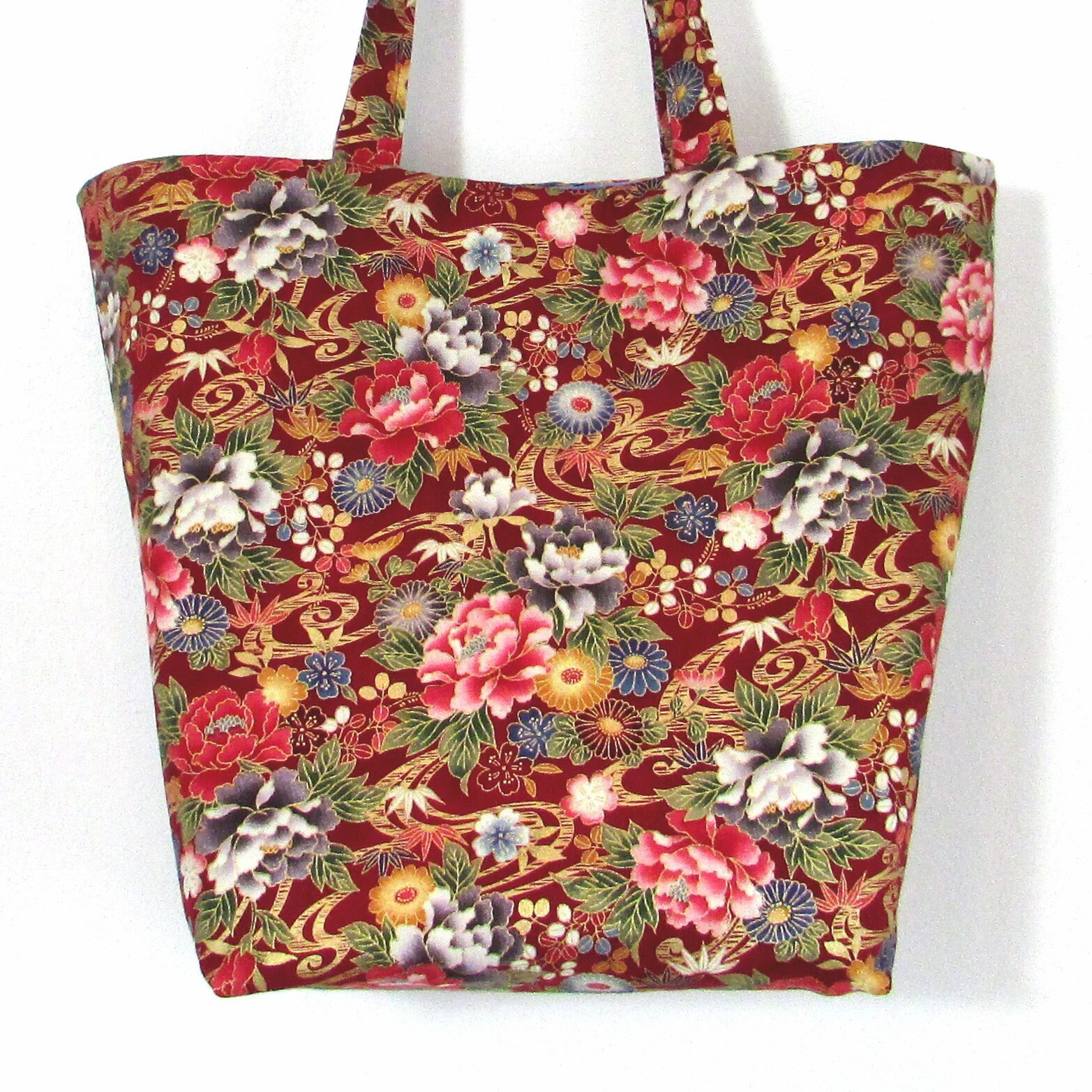 Red Floral Tote Bag, Fabric Purse With Multi Color Flowers, Handmade ...