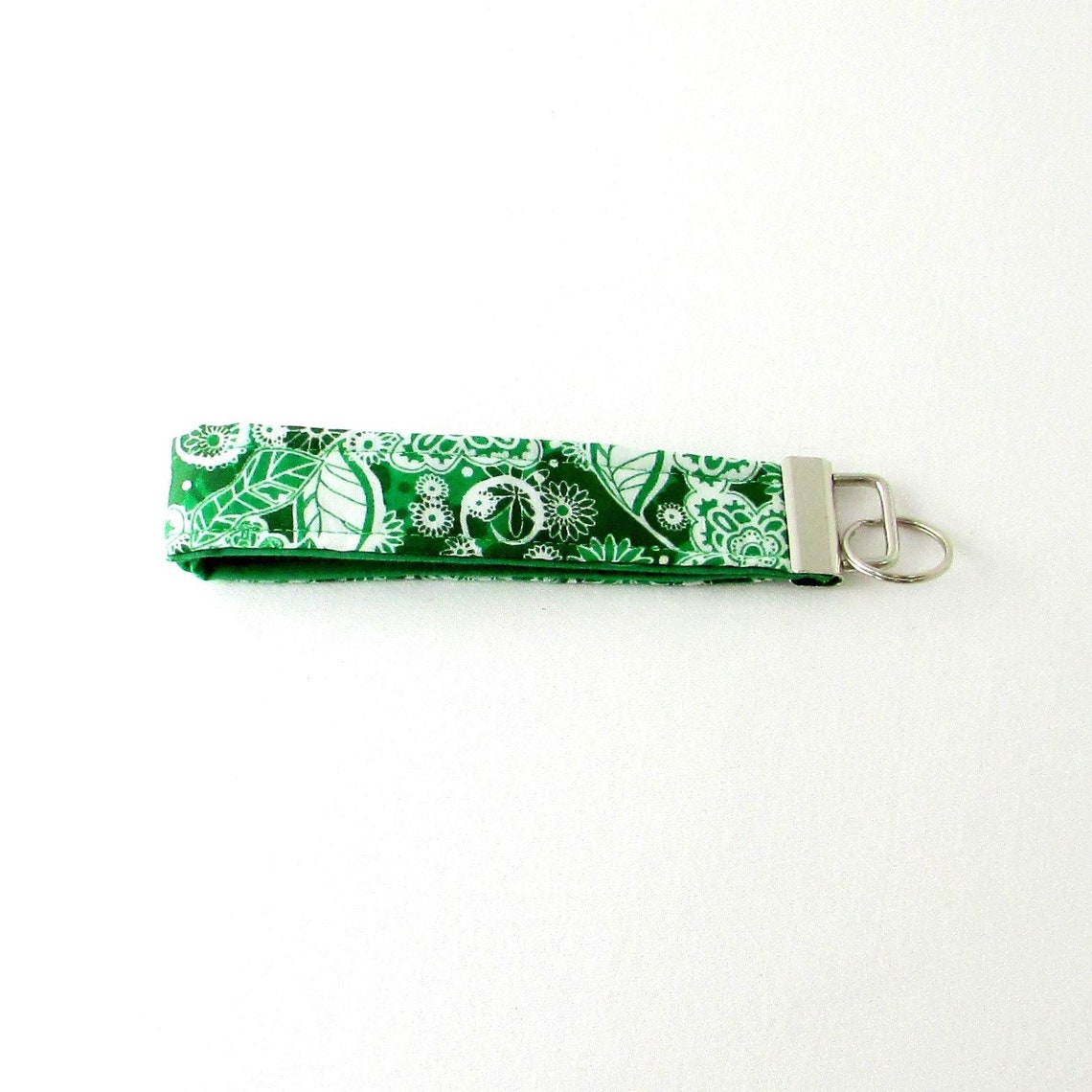 Floral Key Chain, Green Fabric Key Fob, Handmade Keychain Wristlet ...