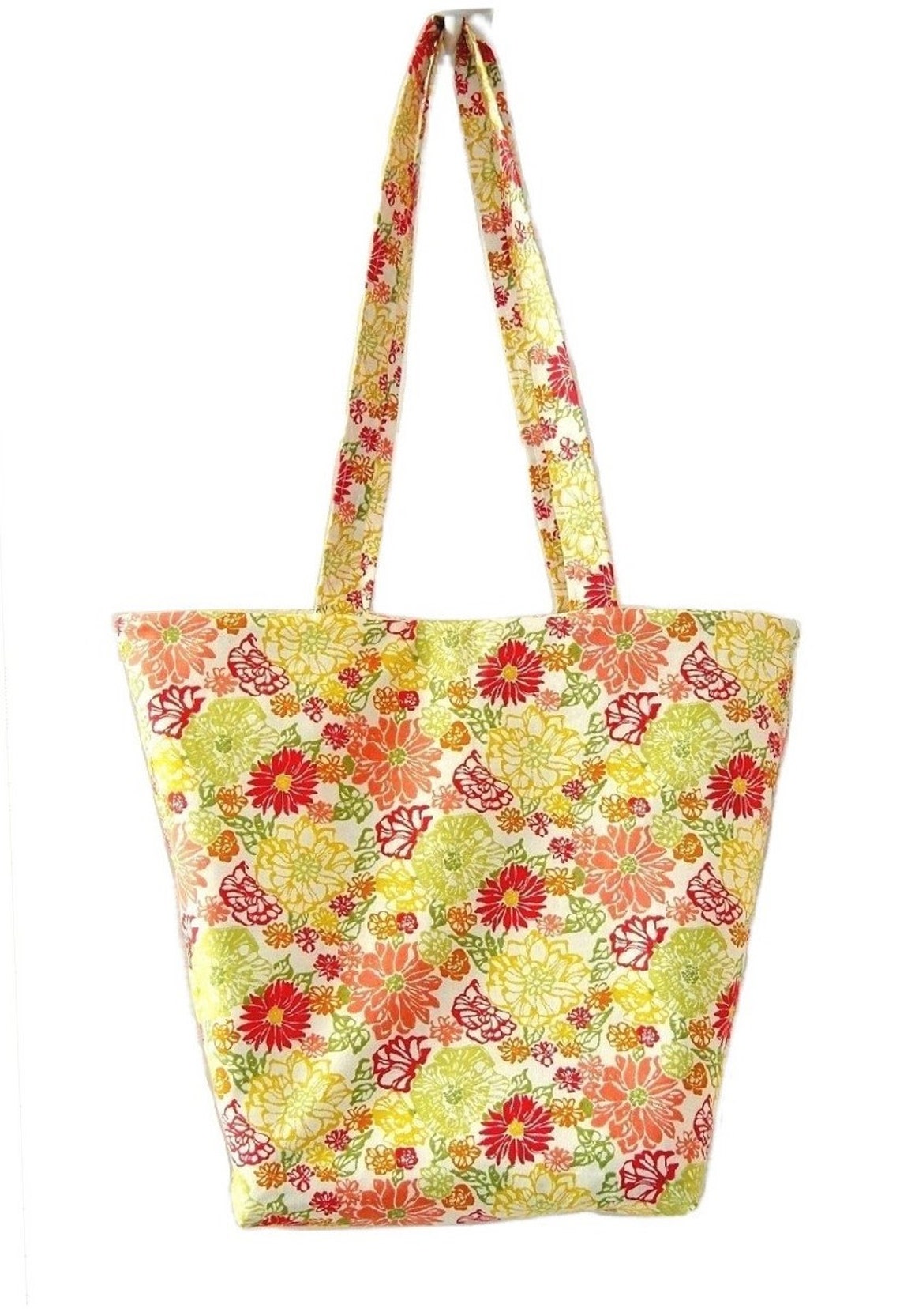 Floral Tote Bag, Cloth Purse, Handmade Handbag, Beige, Green, Yellow ...