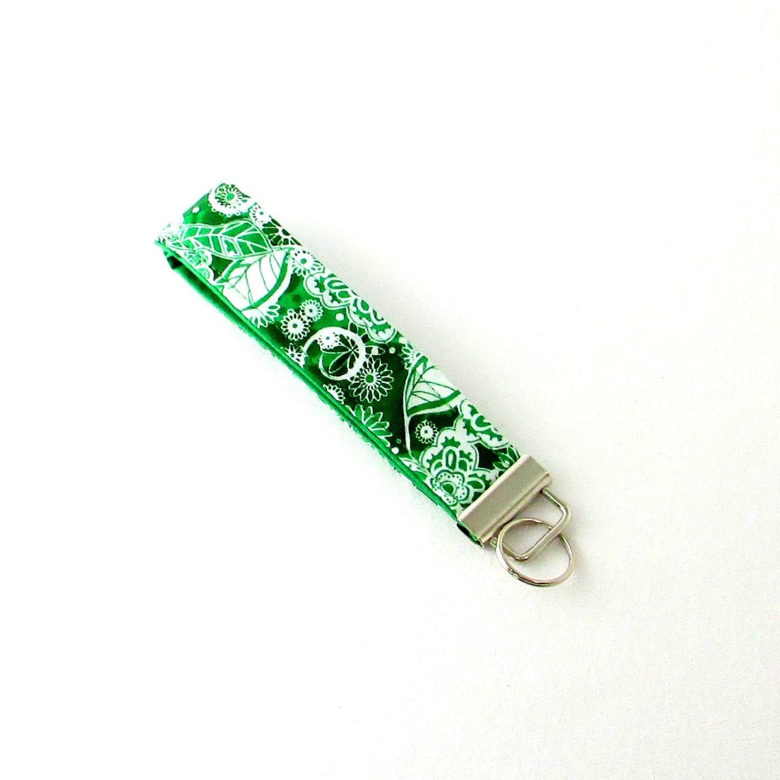 Floral Key Chain, Green Fabric Key Fob, Handmade Keychain Wristlet ...