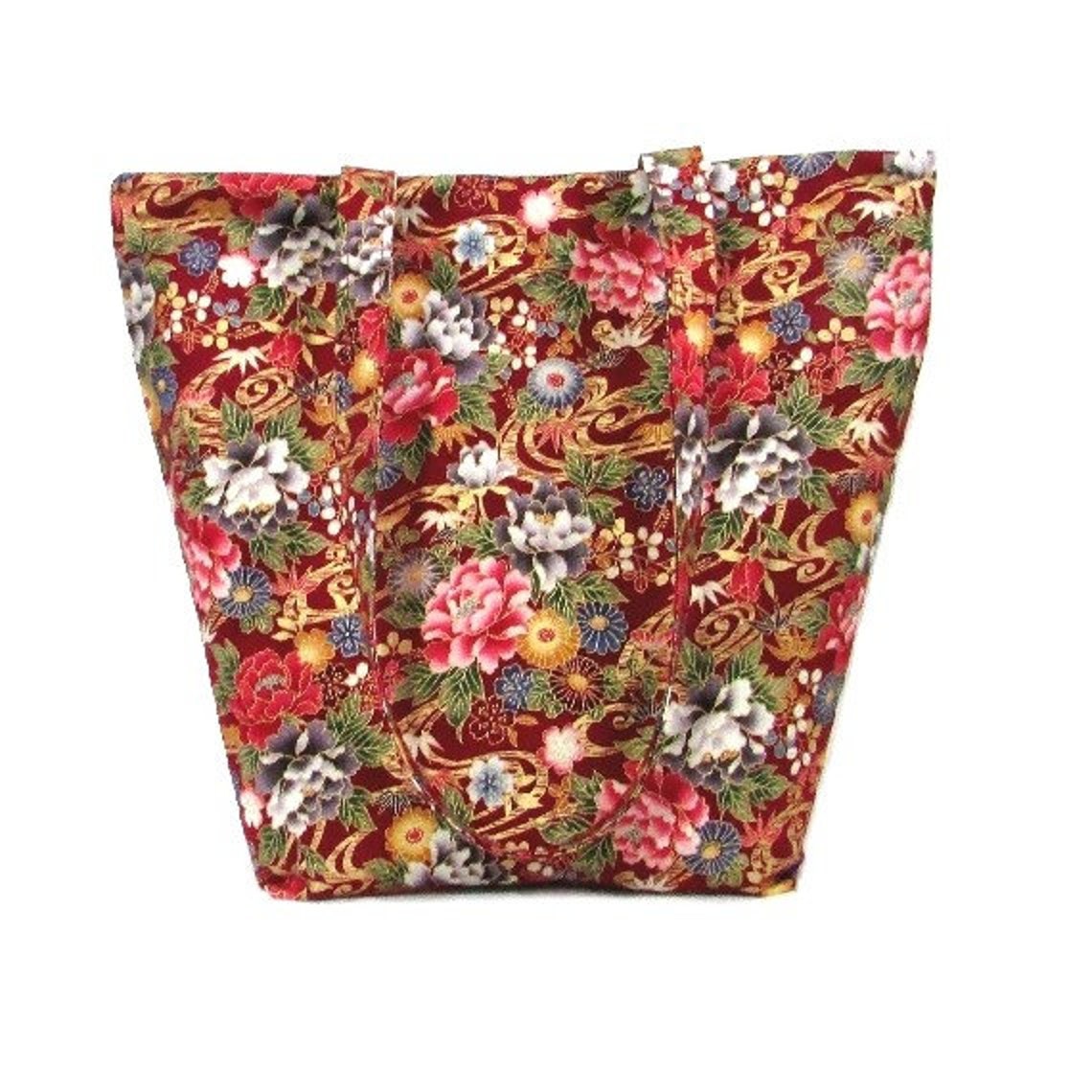 Red Floral Tote Bag, Fabric Purse With Multi Color Flowers, Handmade ...