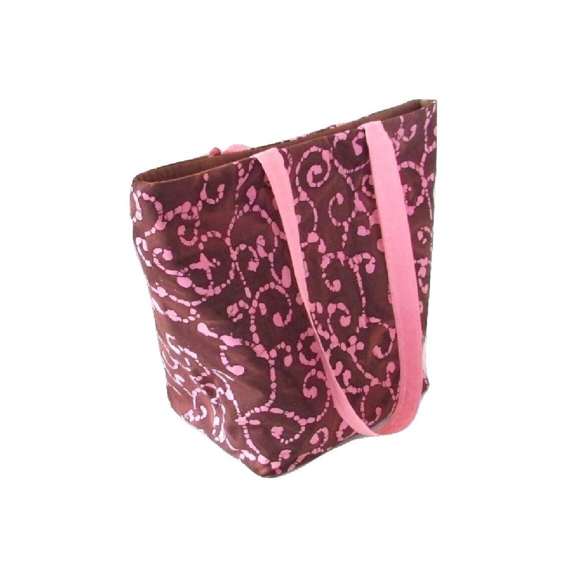 Batik Tote Bag, Brown Cloth Purse, Pink Scroll Batik Fabric, Handmade ...