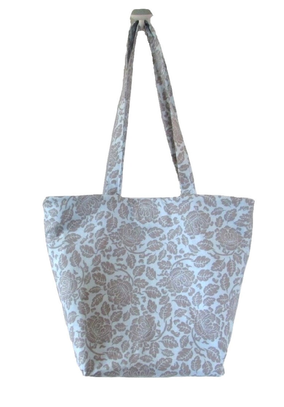 Blue Tote Bag, Floral Fabric Bag, Cloth Purse, Gray Flowers, Handmade ...