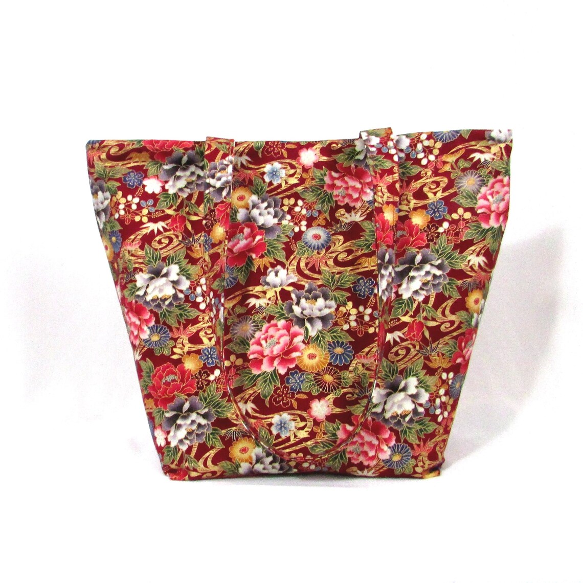 Red Floral Tote Bag, Fabric Purse With Multi Color Flowers, Handmade ...