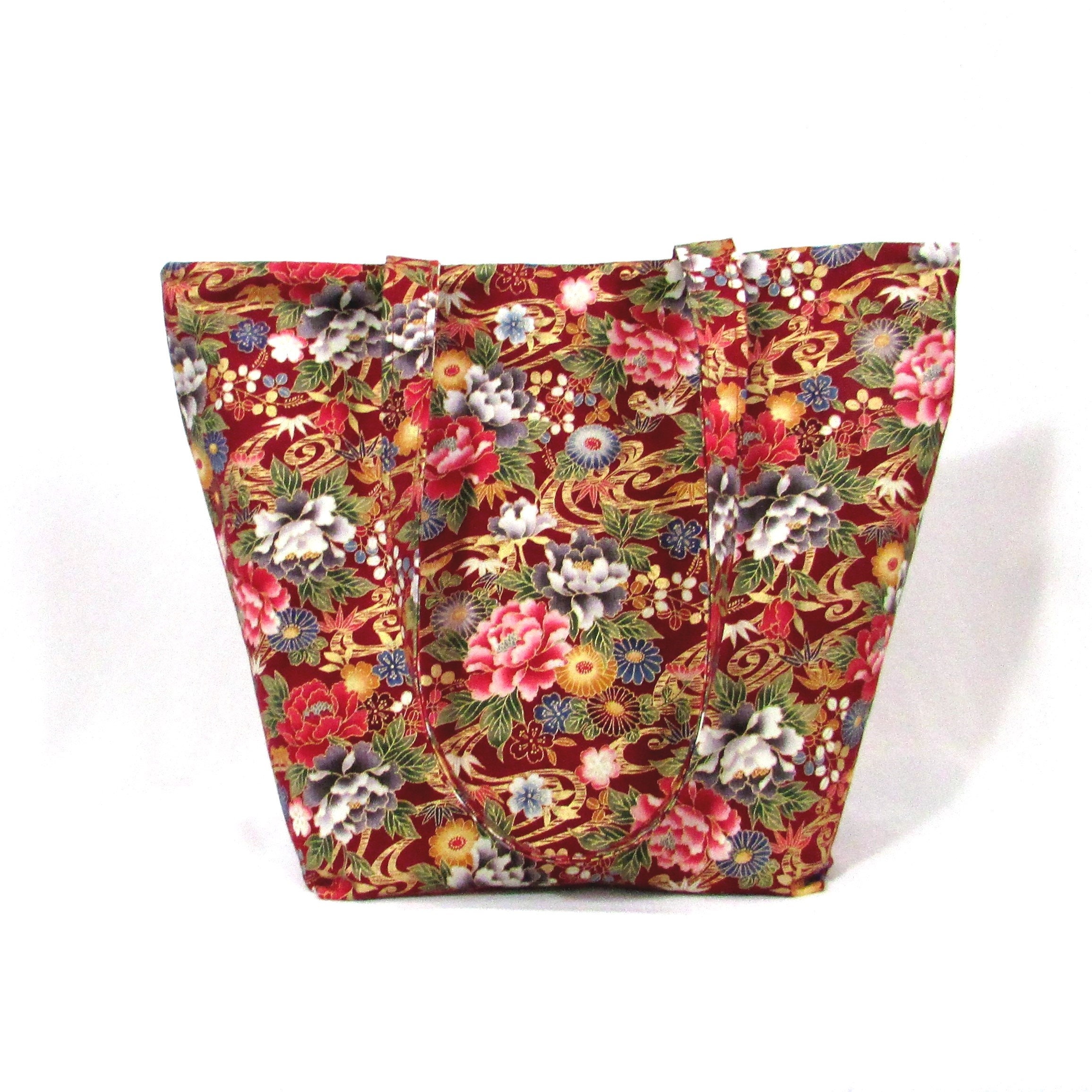 Red Floral Tote Bag, Fabric Purse With Multi Color Flowers, Handmade ...