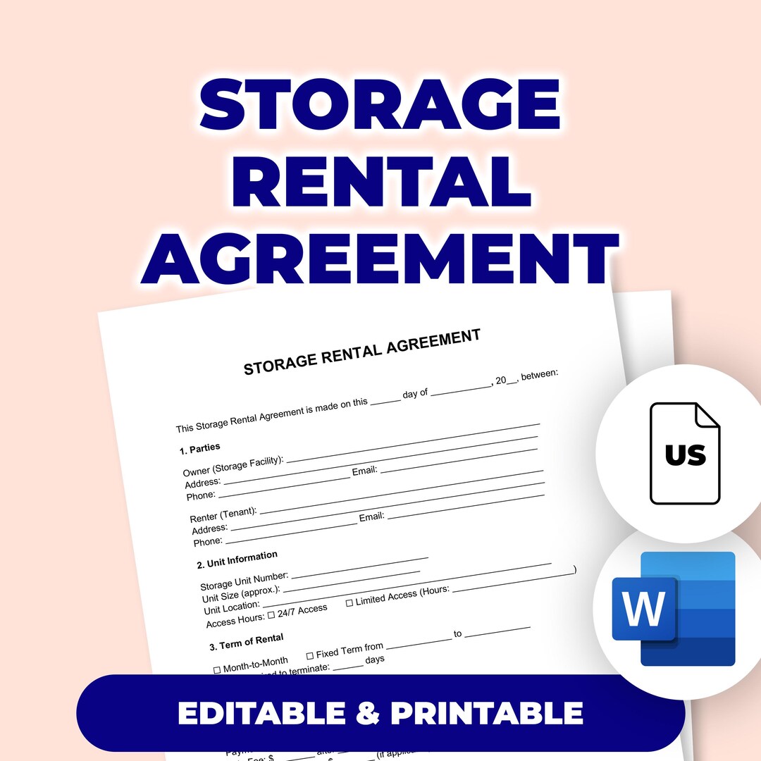 Storage Rental Agreement | Printable File for Microsoft Word - Etsy