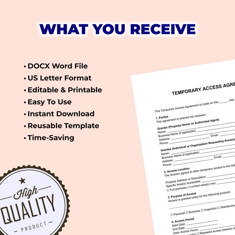 Temporary Access Agreement | Printable File for Microsoft Word - Etsy